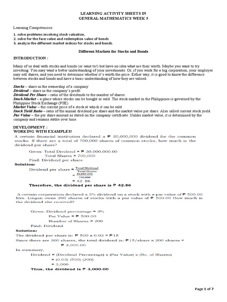 Learning Activity Sheets in General Mathematics Week 5 | PDF | Bonds ...