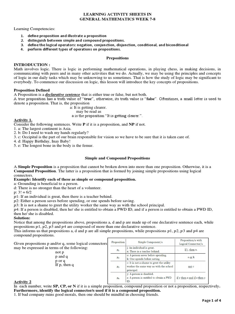 Genmath - Las - Week 7-8 | PDF | Proposition | Logic