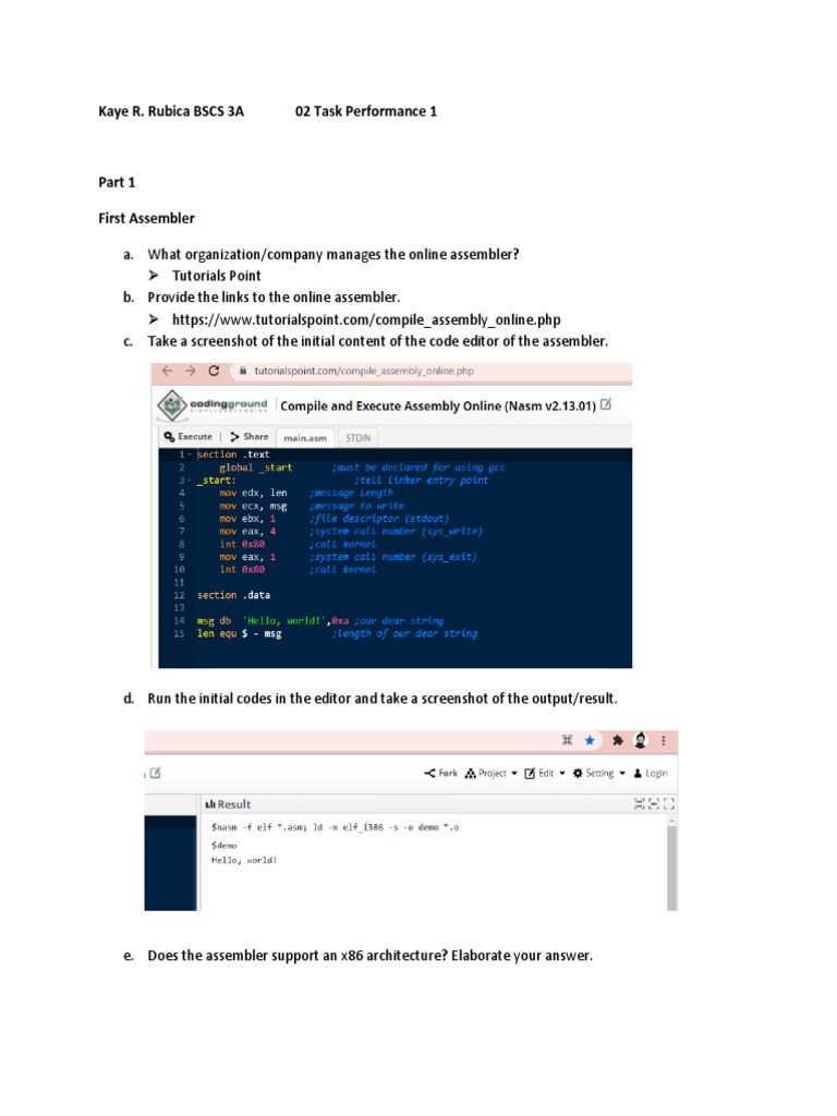 Kaye R. Rubica BSCS 3A 02 Task Performance 1 | PDF | Assembly Language ...
