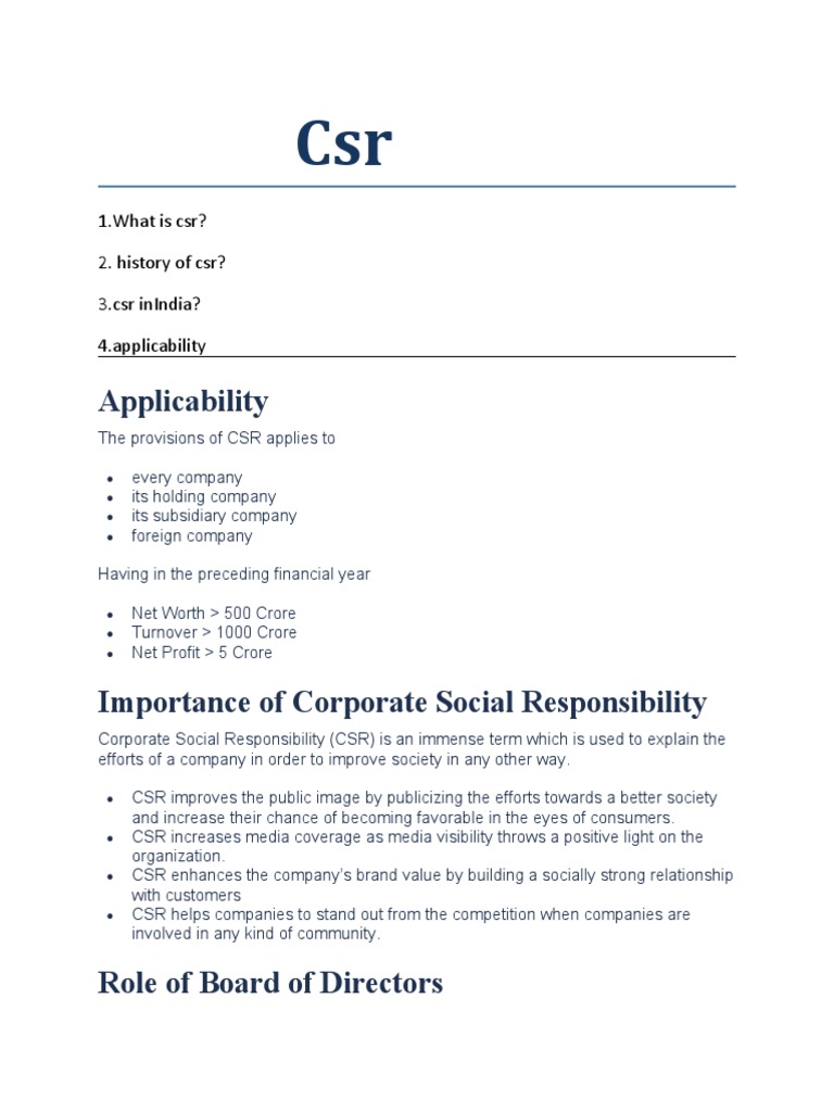 Applicability: 1.what Is CSR? 2. History of CSR? 3.Csr Inindia? 4 ...