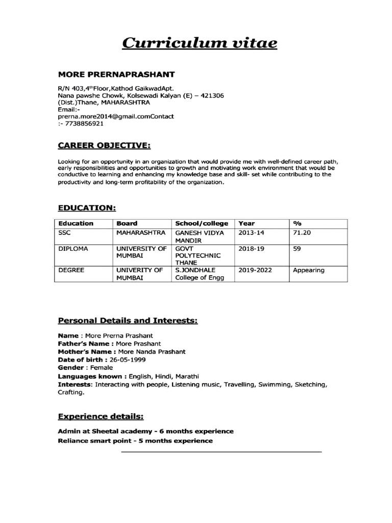 Curriculum Vitae: Career Objective | PDF