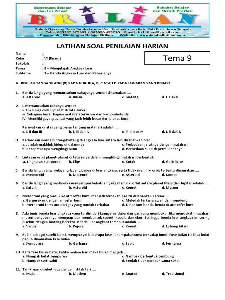 Soal Tema 9 Kelas 6 SD Subtema 2 Benda Angkasa Luar Dan Rahasianya Dan Kunci Jawbaan | PDF ...