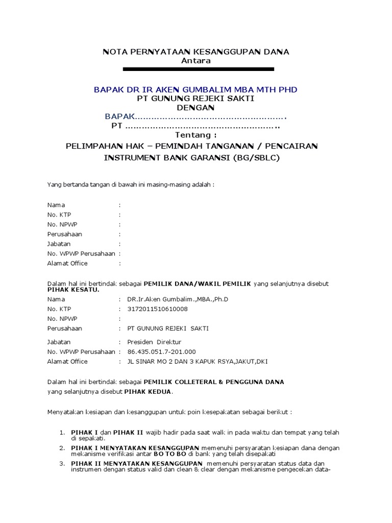 Nota Pernyataan Kesanggupan Dana & Pinalti | PDF