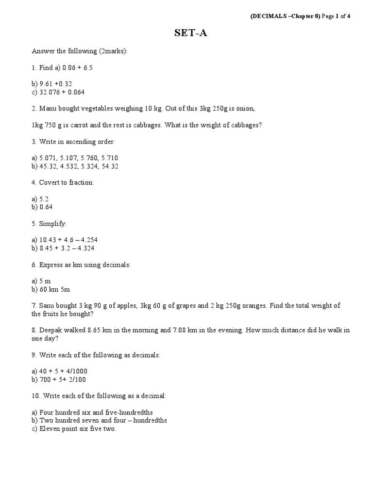 Hanaa Class 6 Decimal Extra Question Set - A | PDF | Decimal | Arithmetic