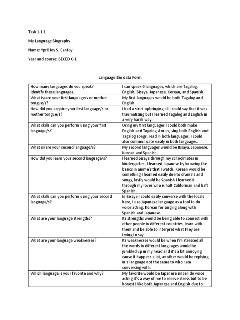 My Language Bio Data Form | PDF | English Language | Japanese Language
