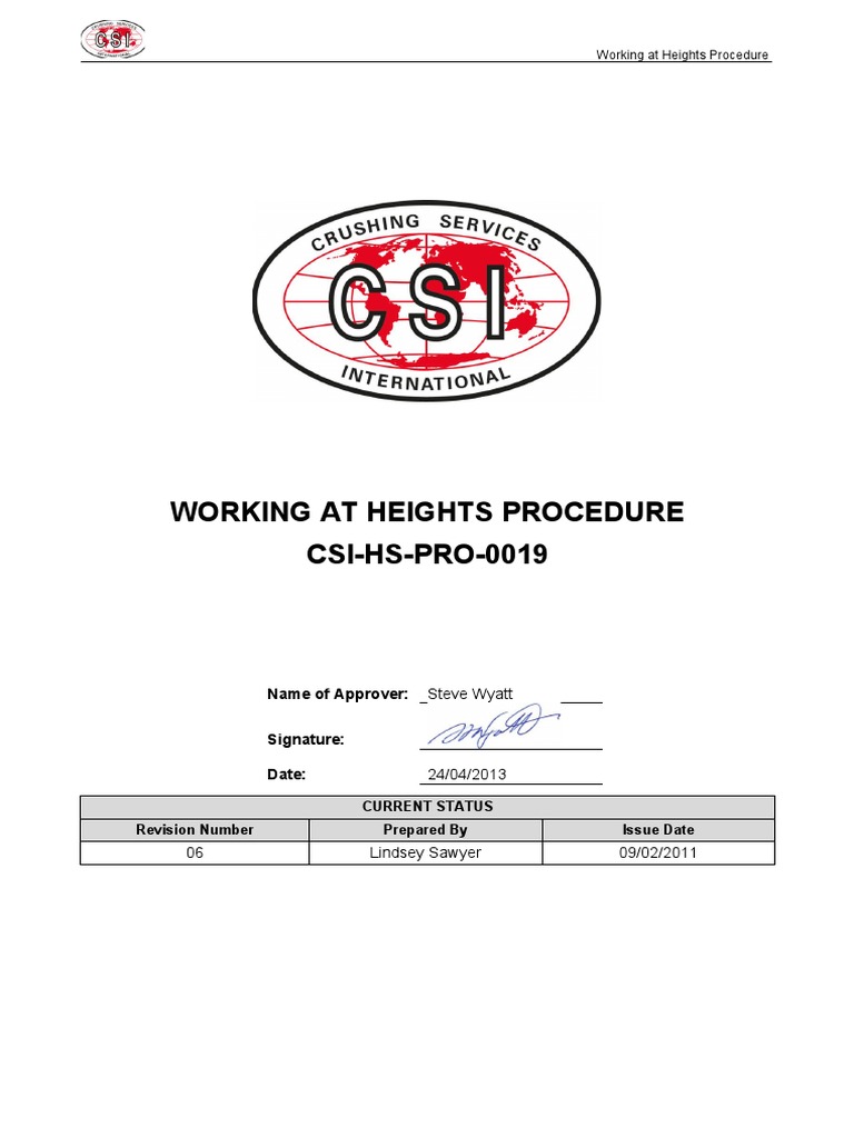 CSI-HS-PRO-0019 - 06 - Working at Heights Procedure | PDF | Scaffolding ...