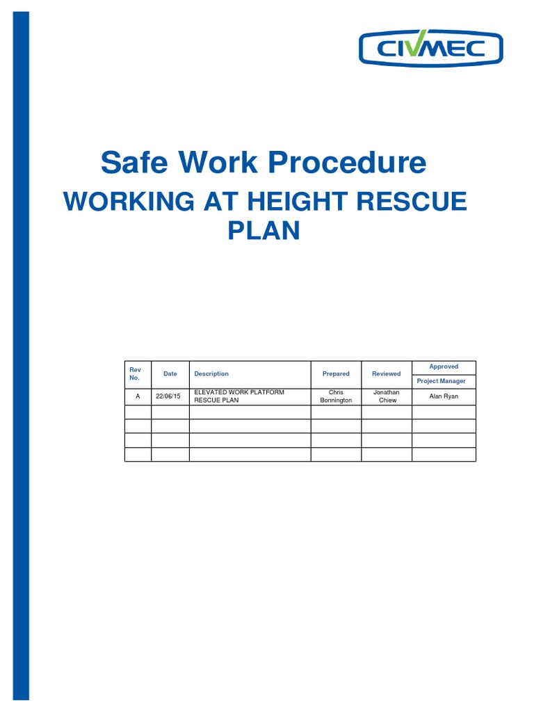 Safe Work Procedure Working at Height Rescue Plan | PDF | Emergency ...