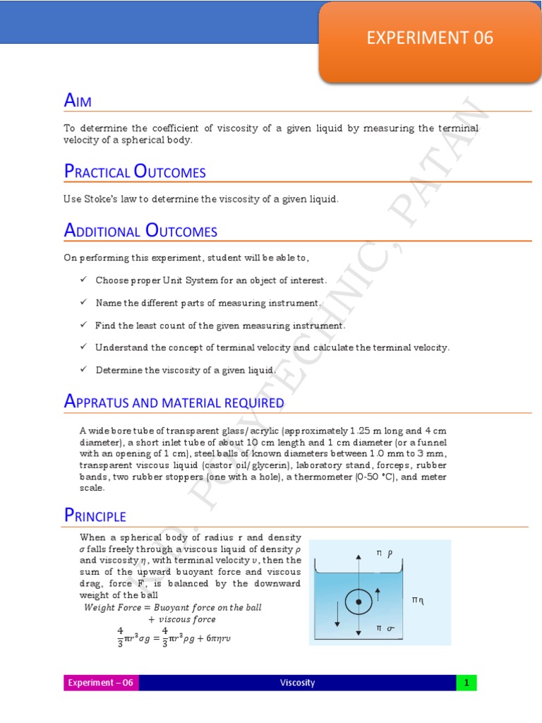 Experiment - 06 - Viscosity | PDF | Viscosity | Shear Stress