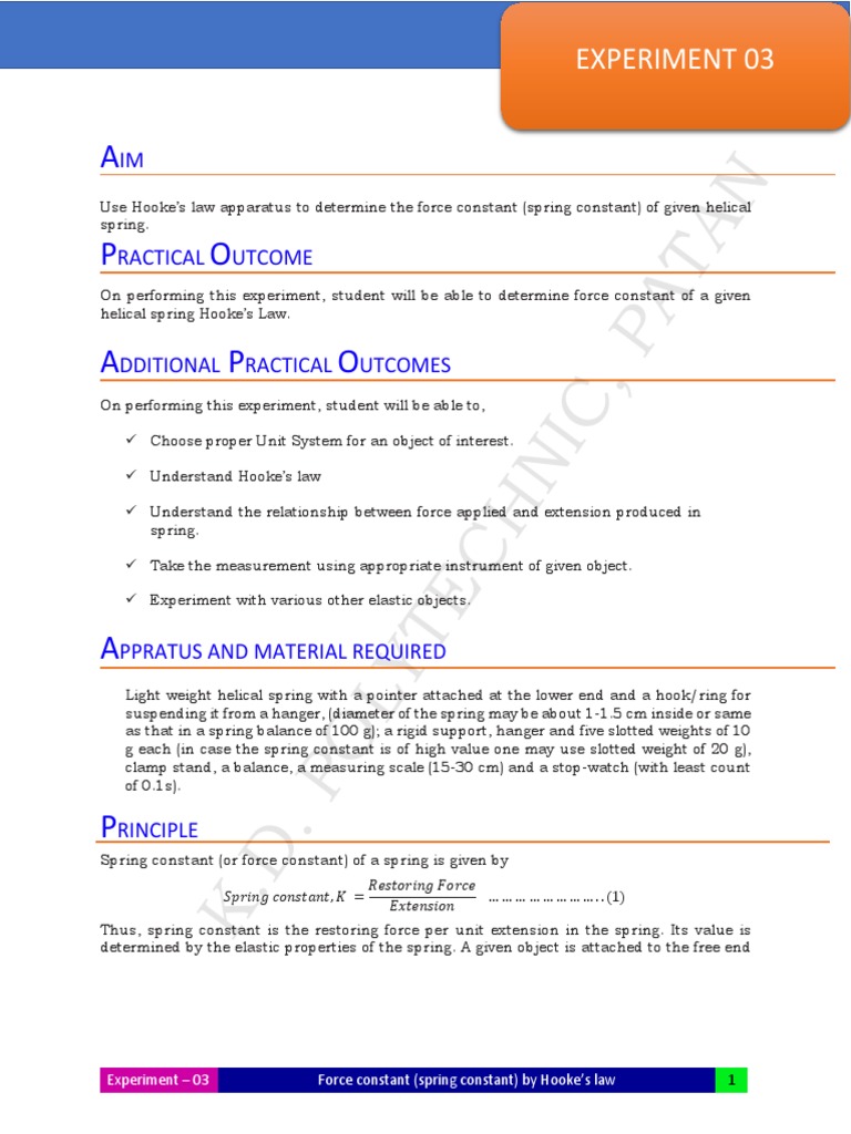 Experiment - 03 - Hookes Law Edited | PDF | Deformation (Engineering ...