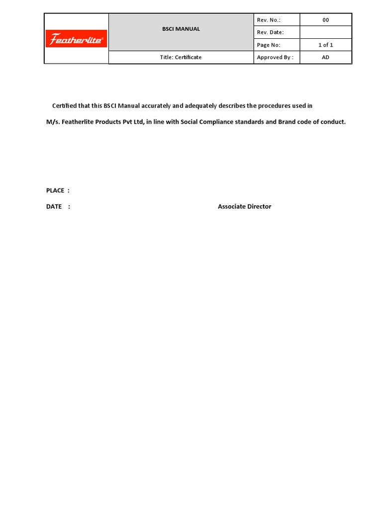 Certified That This BSCI Manual Accurately and Adequately Describes The ...