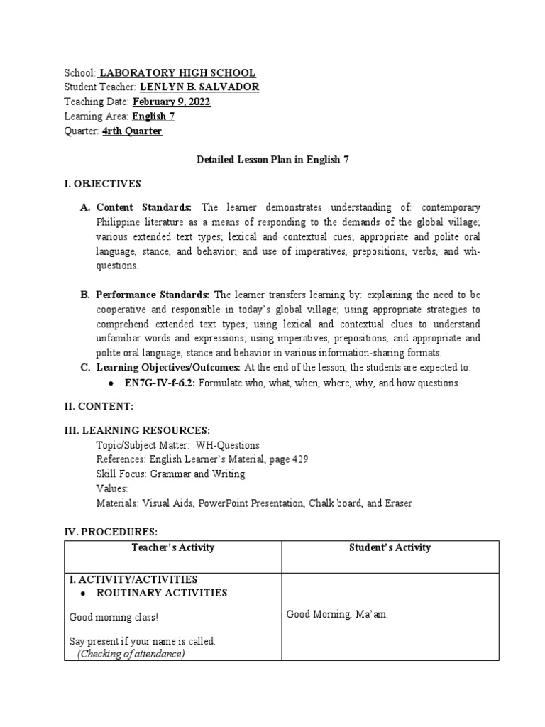 Lesson Plan Demo | PDF | Question | Lesson Plan