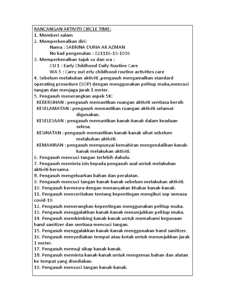 Rancangan Aktiviti Circle Time | PDF