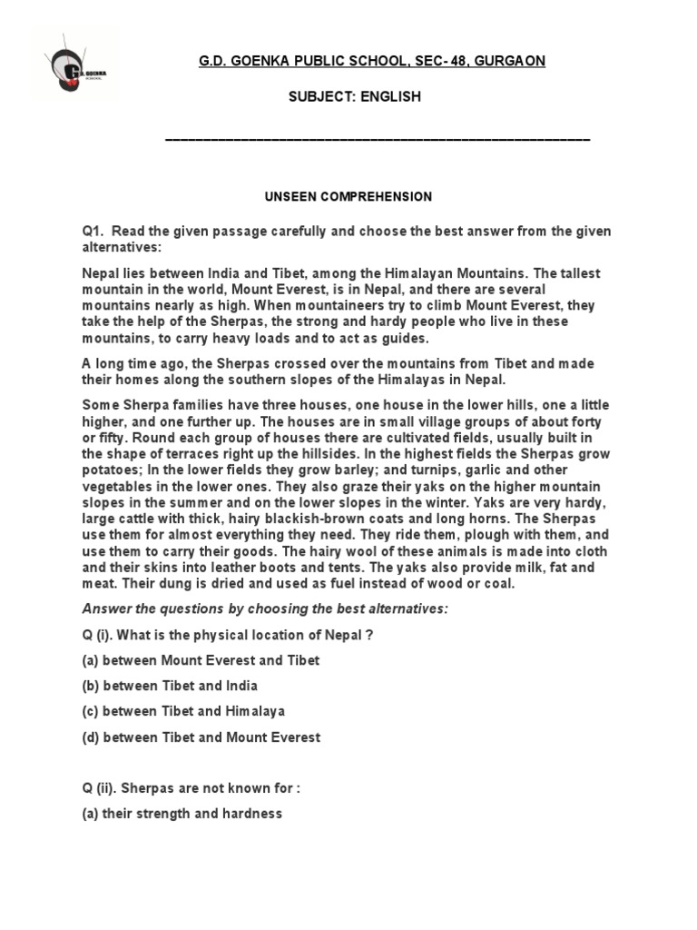 G.D. Goenka Public School, Sec-48, Gurgaon Subject: English | PDF ...