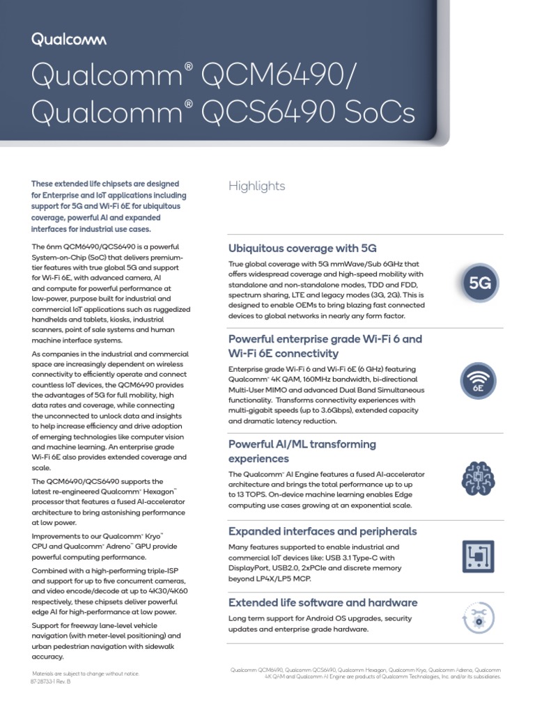Qualcomm-Qcm-Qcs6490-Product-Brief-Sub-6 GHZ and Support For Wi-Fi 6E ...