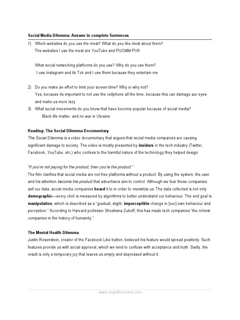 SOCIAL DILEMMA Worksheet | PDF | Social Science