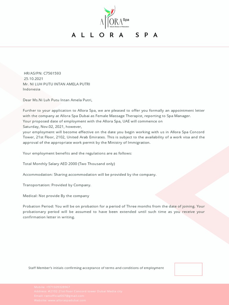 Offer Letter of Ms. Putri | PDF | United Arab Emirates | Employment