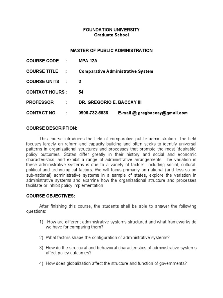Course Outline Comparative Administrative System | Download Free PDF ...