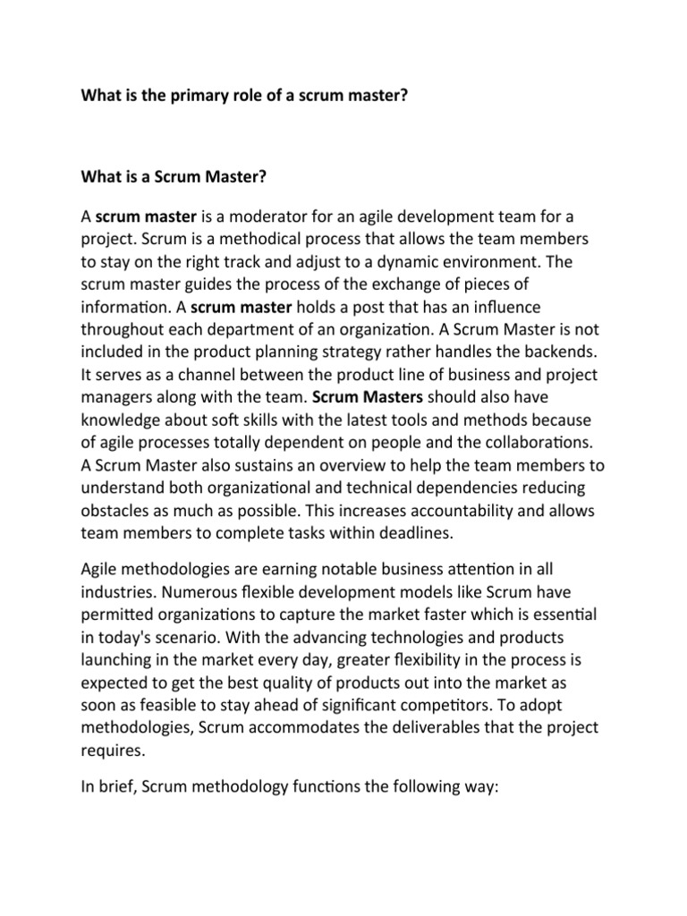 What Is The Primary Role of A Scrum Master | PDF | Scrum (Software Development) | Agile Software ...