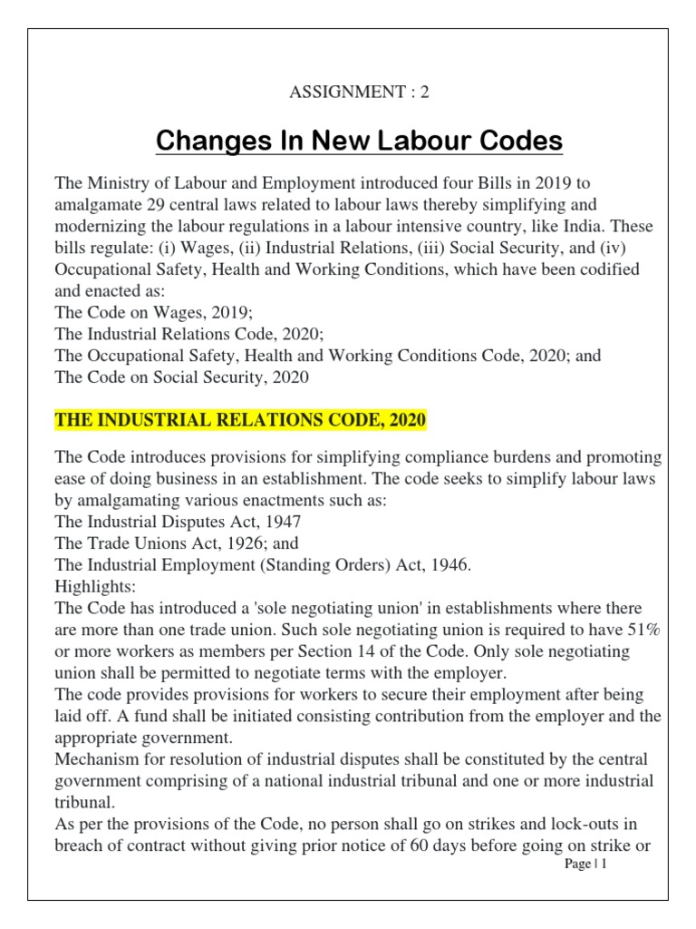 Changes in New Labour Codes: Assignment: 2 | PDF | Labour Law | Employment