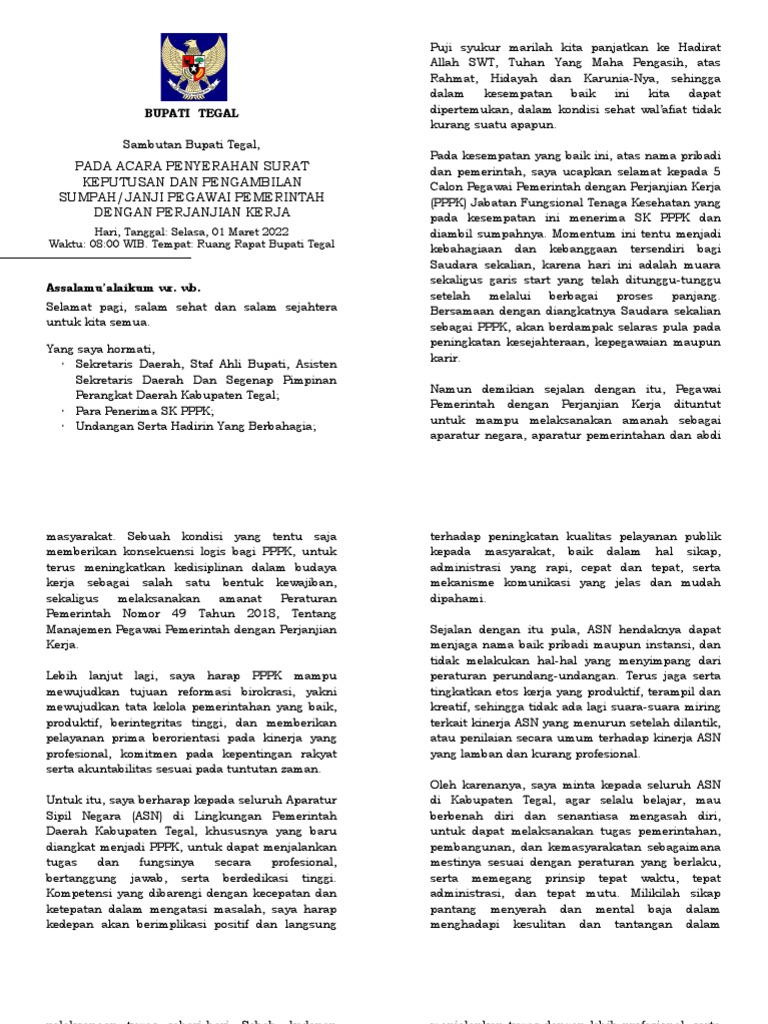 Sambutan Bupati - Penyerahan SK PPPK Dan Pengambilan Sumpah Janji P3K | PDF