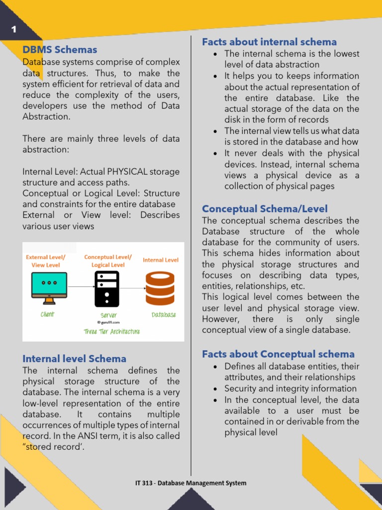 DBMS Schemas Facts About Internal Schema: IT 313 - Database Management ...