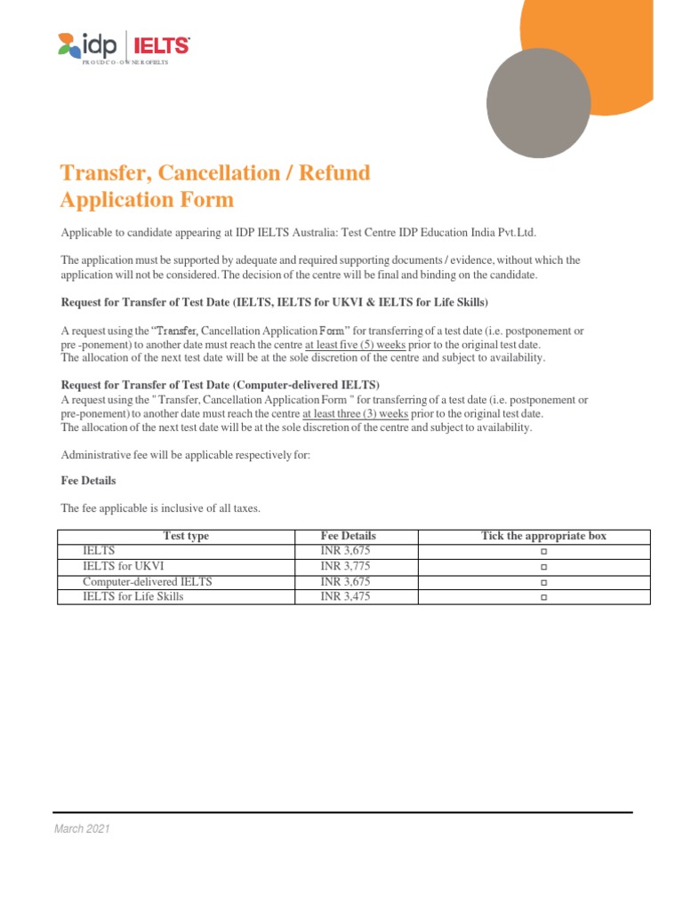 Transfer Cancellation & Refund Application Form | PDF | International ...