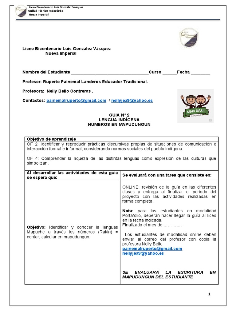 Guia #2, Numeros en Mapudungun, para 7° y 8° | PDF | Lingüística