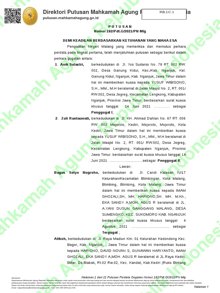Putusan 182 PDT.G 2021 PN MLG 20220223 | PDF