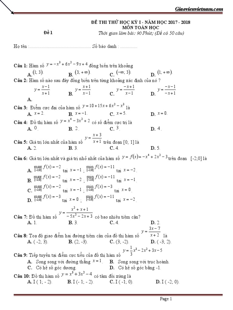 20 de Thi Toan 12 Hk1 | PDF