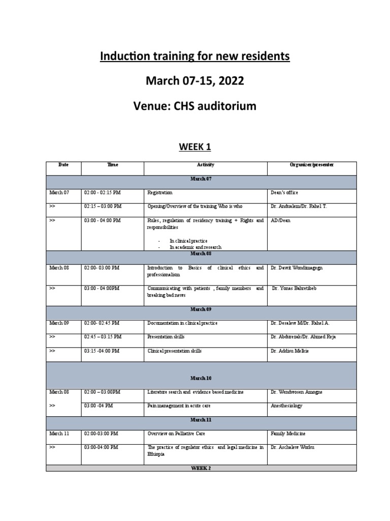 Induction Training Schedule for Residents | PDF | Public Services ...