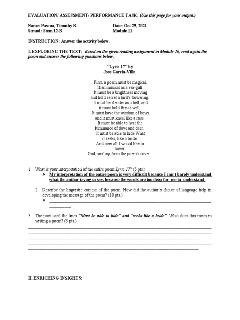 Poem and Answer The Following Questions Below | PDF