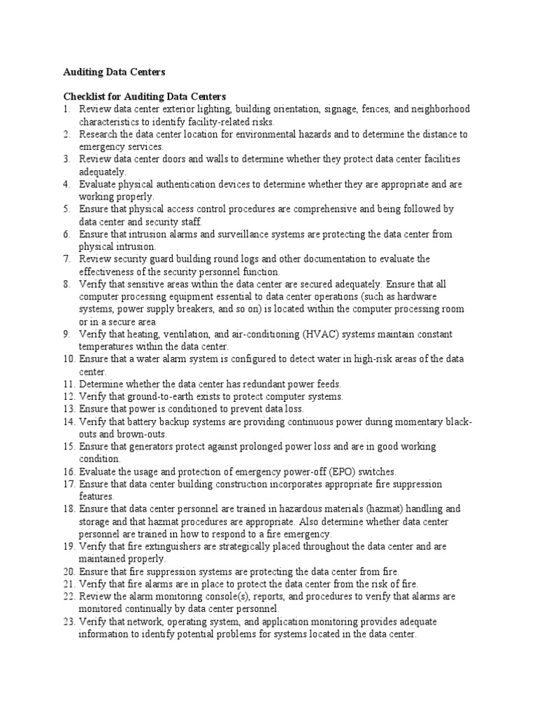 Essential Data Center Audit Checklist | PDF | Data Center | Backup