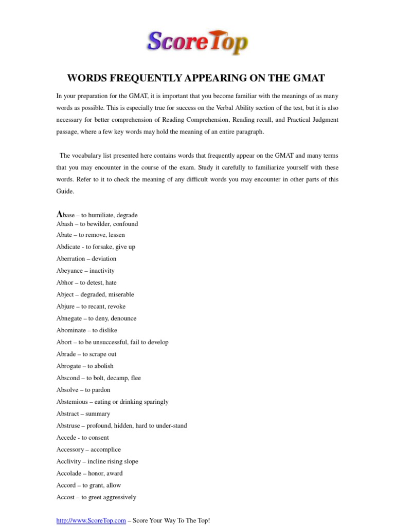 Words Frequently Appearing On The Gmat | PDF | Graduate Management ...