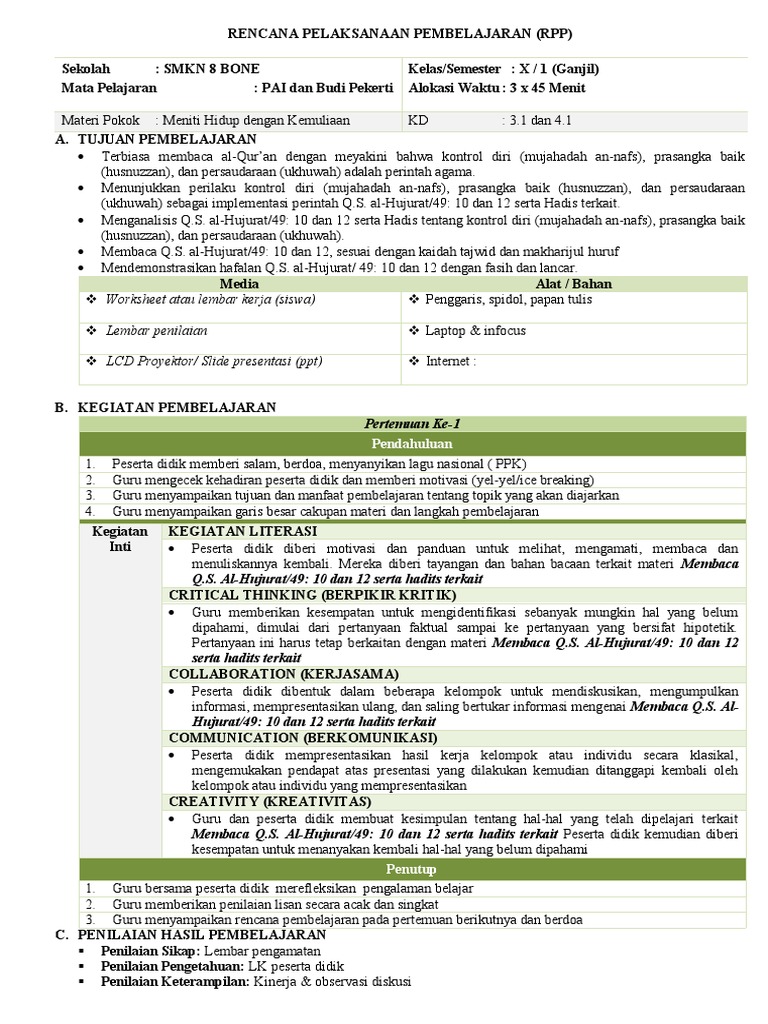 RPP PAI Kelas 10 SEM 1 | PDF | Karier & Perkembangan | Sains & Matematika