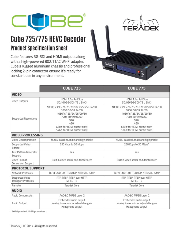 Teradek Cube 725 775 Spec Sheet v1 0118 | PDF | Hdmi | Usb