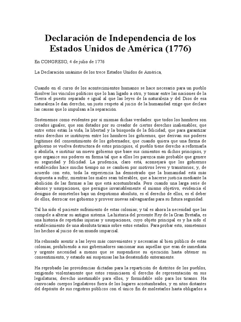 Declaración de Independencia de Los Estados Unidos de América | PDF