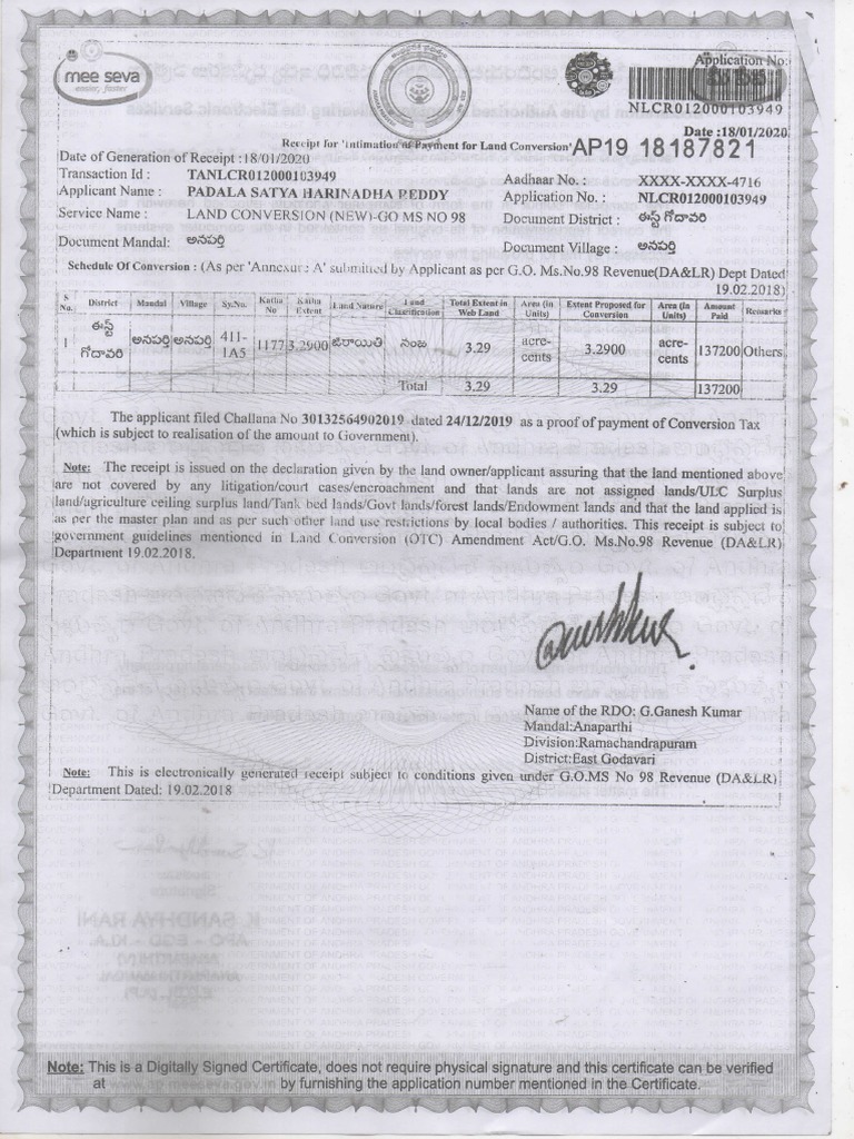 PSHNR 3.29 Land Convertion Mee Seva | PDF