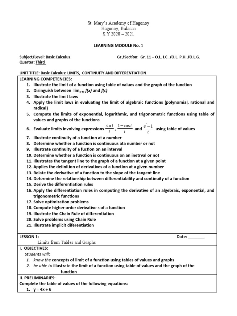 Basic Calculus 3rd Quarter Learning Module No.1 Lesson 1 11 | PDF ...