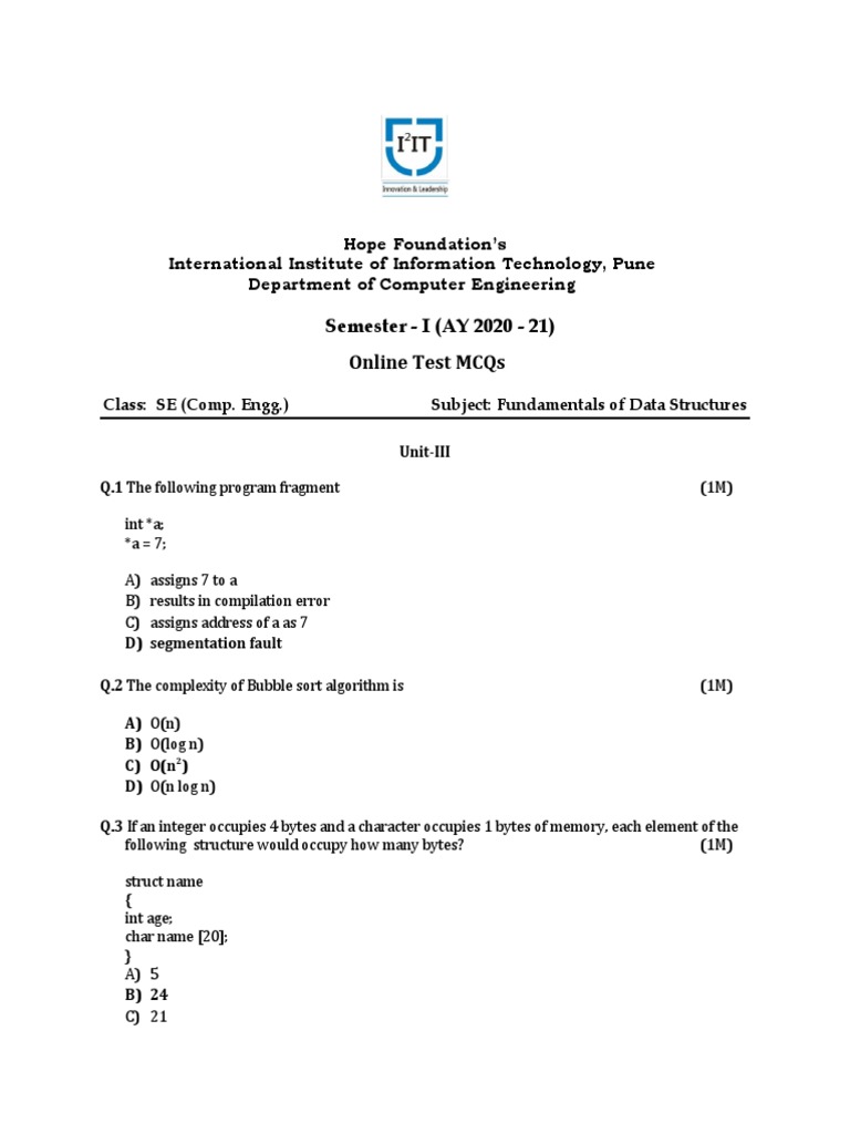 Semester - I (Ay 2020 - 21) Online Test Mcqs | PDF | Pointer (Computer ...