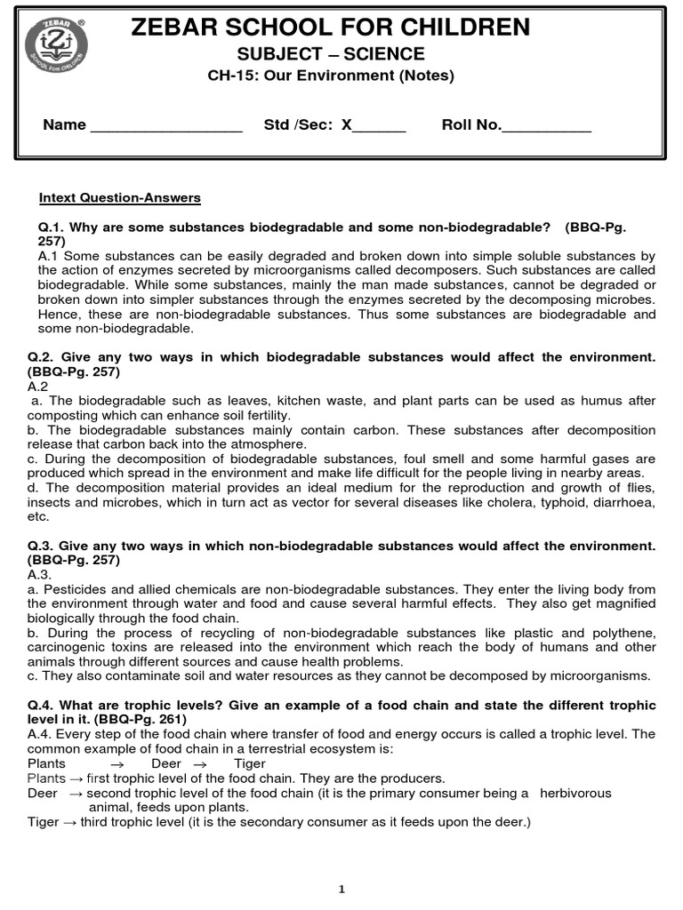 ClassX Ch15 Our Environment - NOTES | PDF | Food Web | Ecosystem