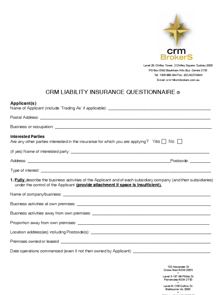 CRM Public Liability General Questionnaire | PDF | Sydney | Insurance