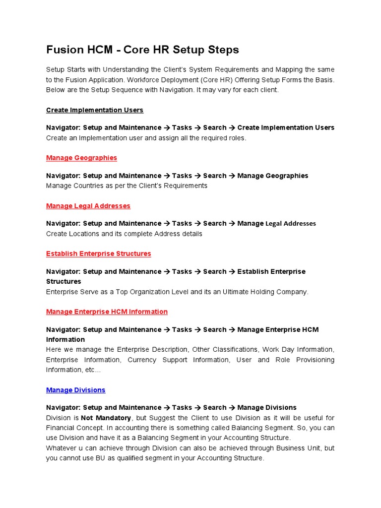 Fusion HCM - Core HR Setup Steps | PDF | Human Resource Management ...