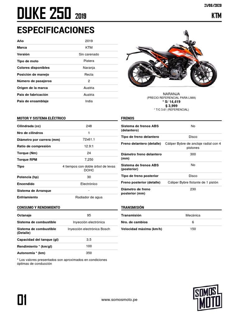 KTM Duke 250 2019 Especificaciones | PDF