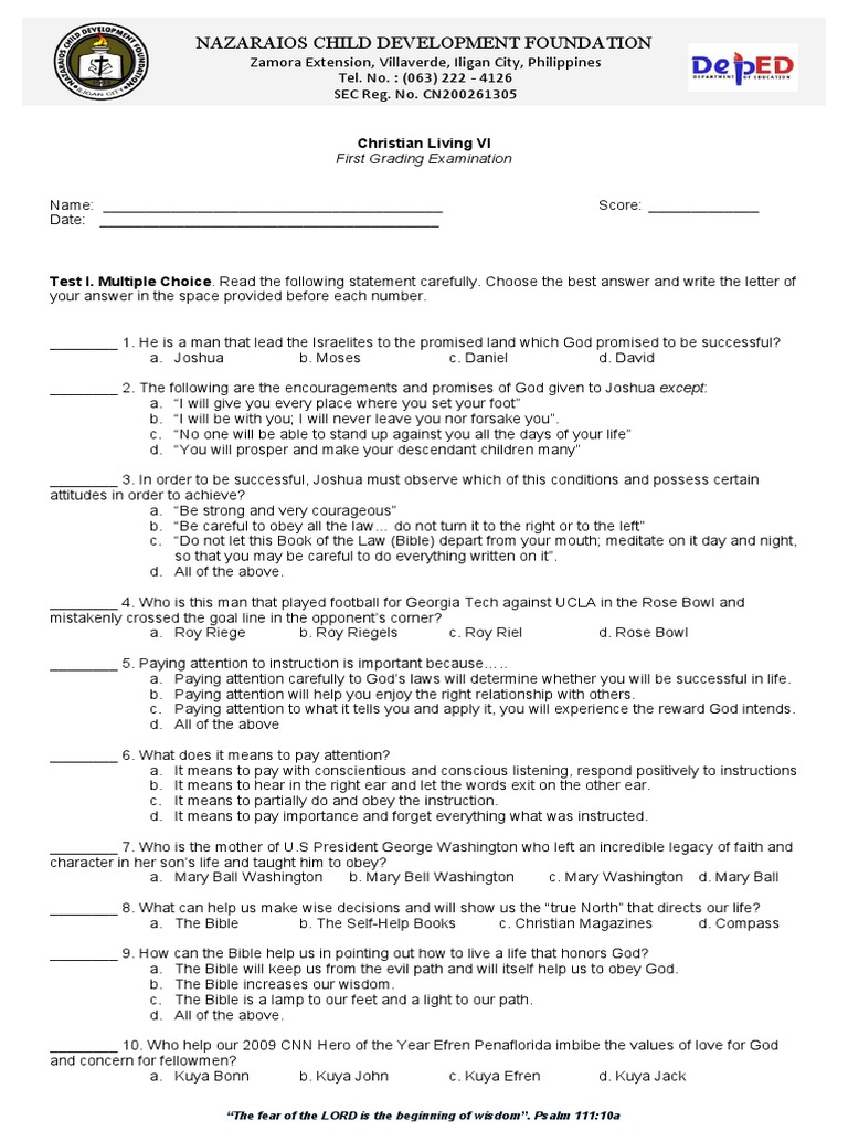 Christian Living Exam For Grade 6 | PDF | Book Of Proverbs | Wisdom