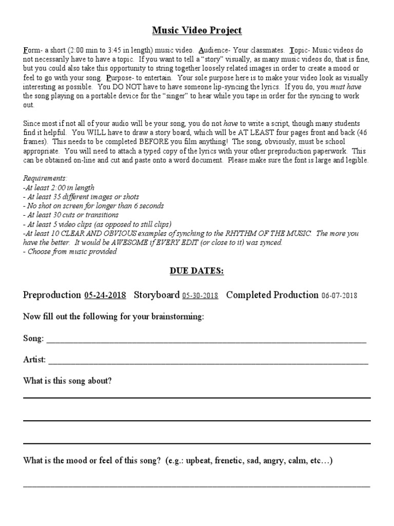 Music Video Project: Preproduction Storyboard Completed Production | PDF
