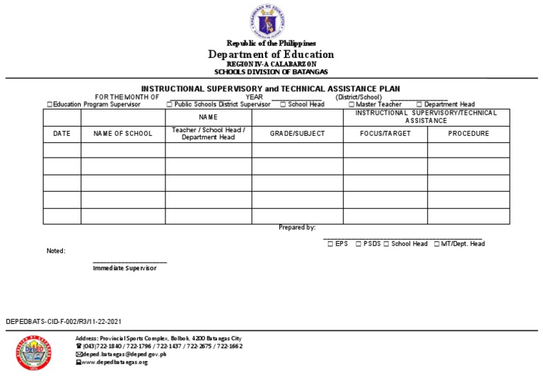 DEPEDBATS - CID - F - 002 - Instructional Supervisory and Technical Assistance Plan | PDF