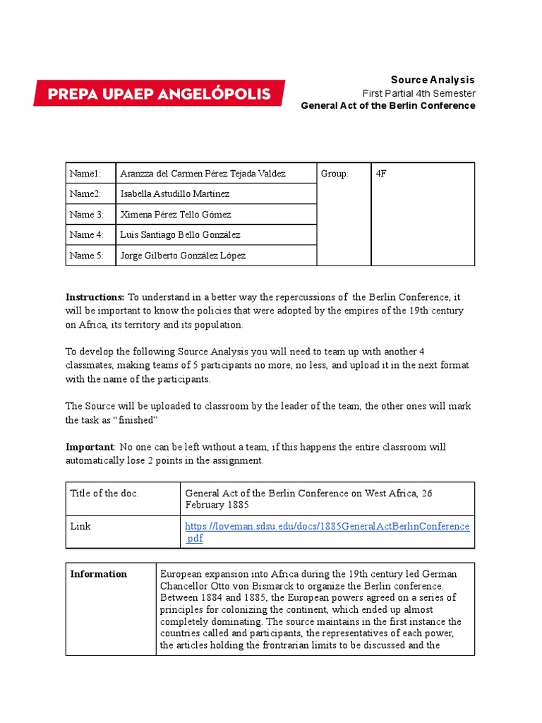 Source Analysis - 4th - Berlin Conference | PDF | Europe | Imperialism