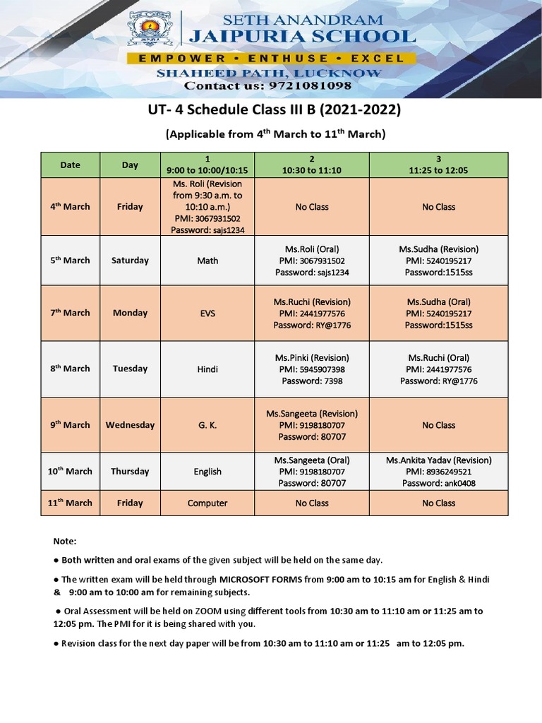 UT-4 Schedule Class III B (2021-2022) : (Applicable From 4 March To 11 ...