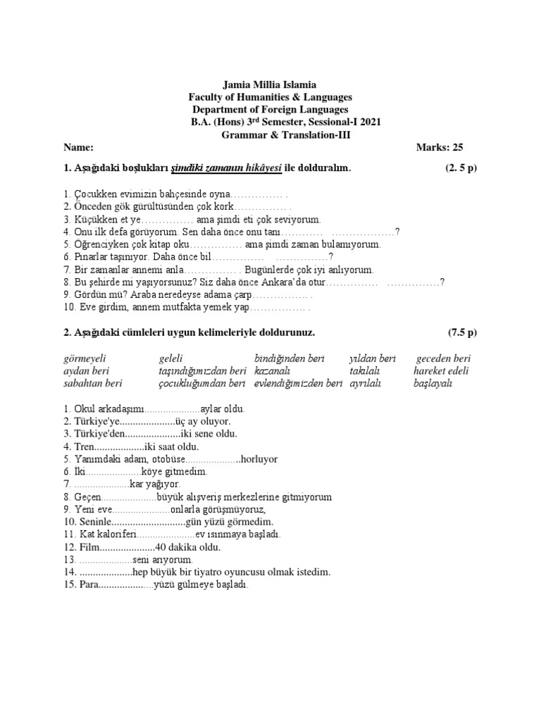 Turkish Grammar Sample Paper | PDF