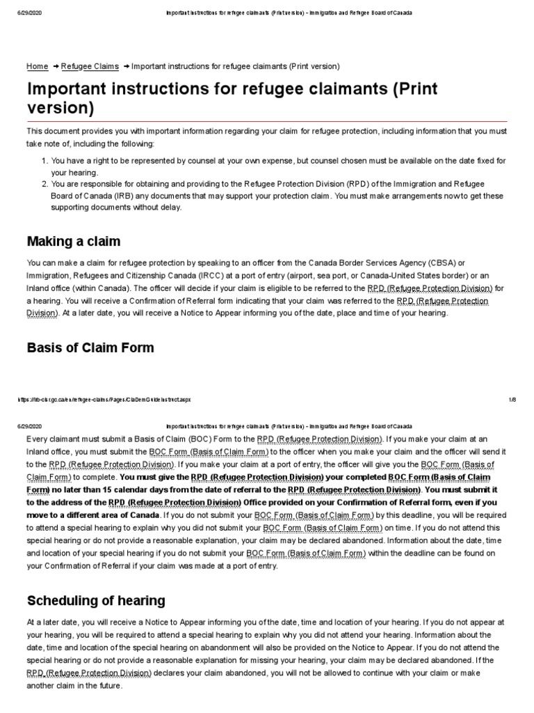 Important Instructions For Refugee Claimants Print Version Immigration ...